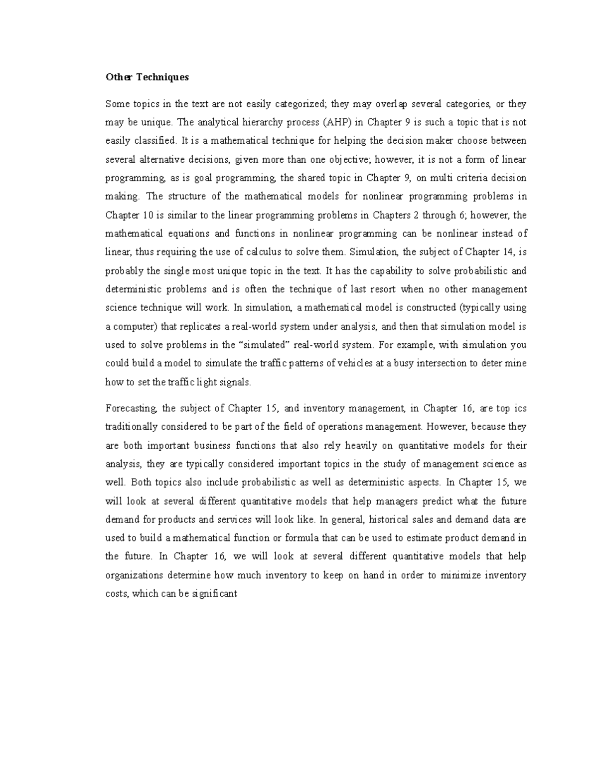 Other Techniques in Management Science: AHP, Simulation & Forecasting ...