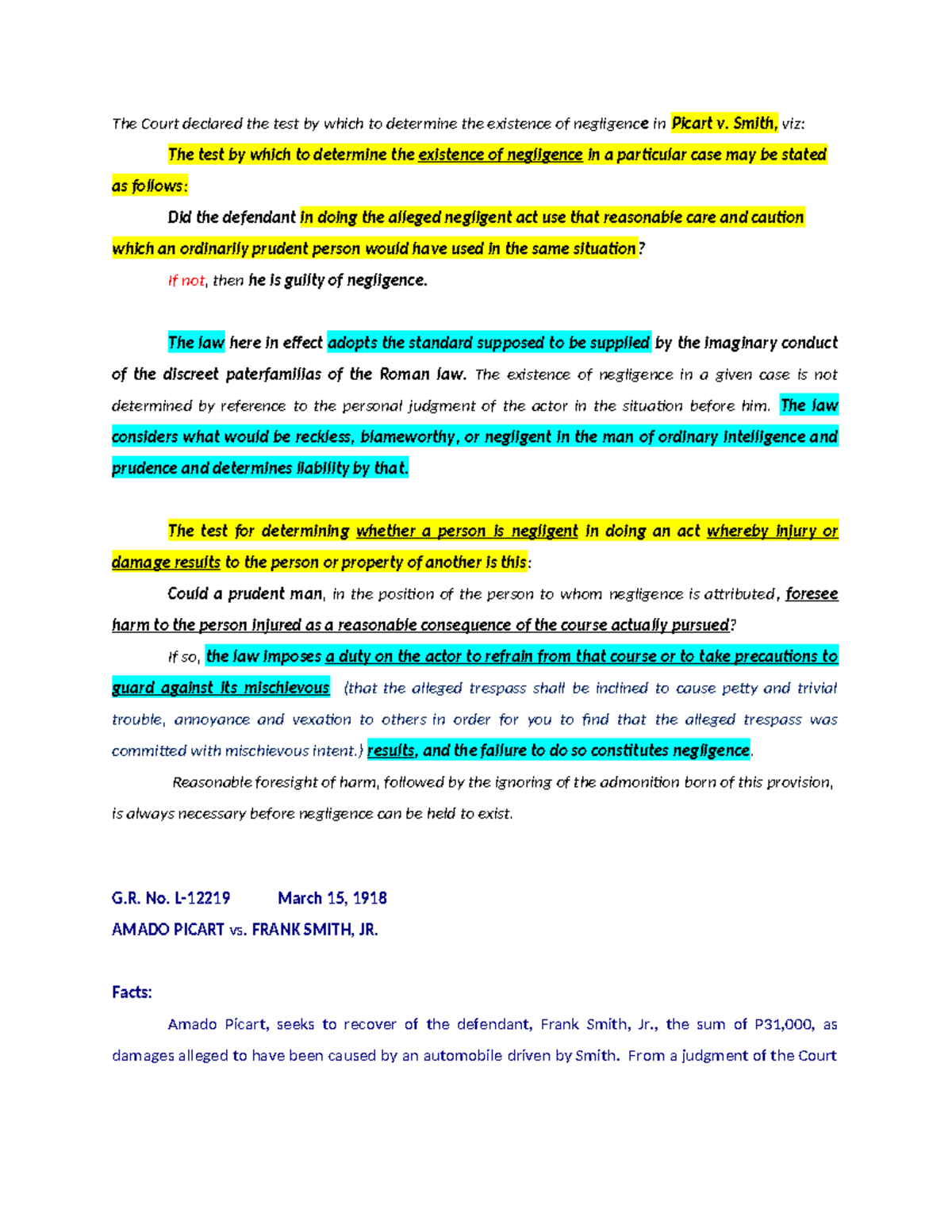 Case Study: Amado Picart vs. Frank Smith, Jr. - Negligence Analysis ...