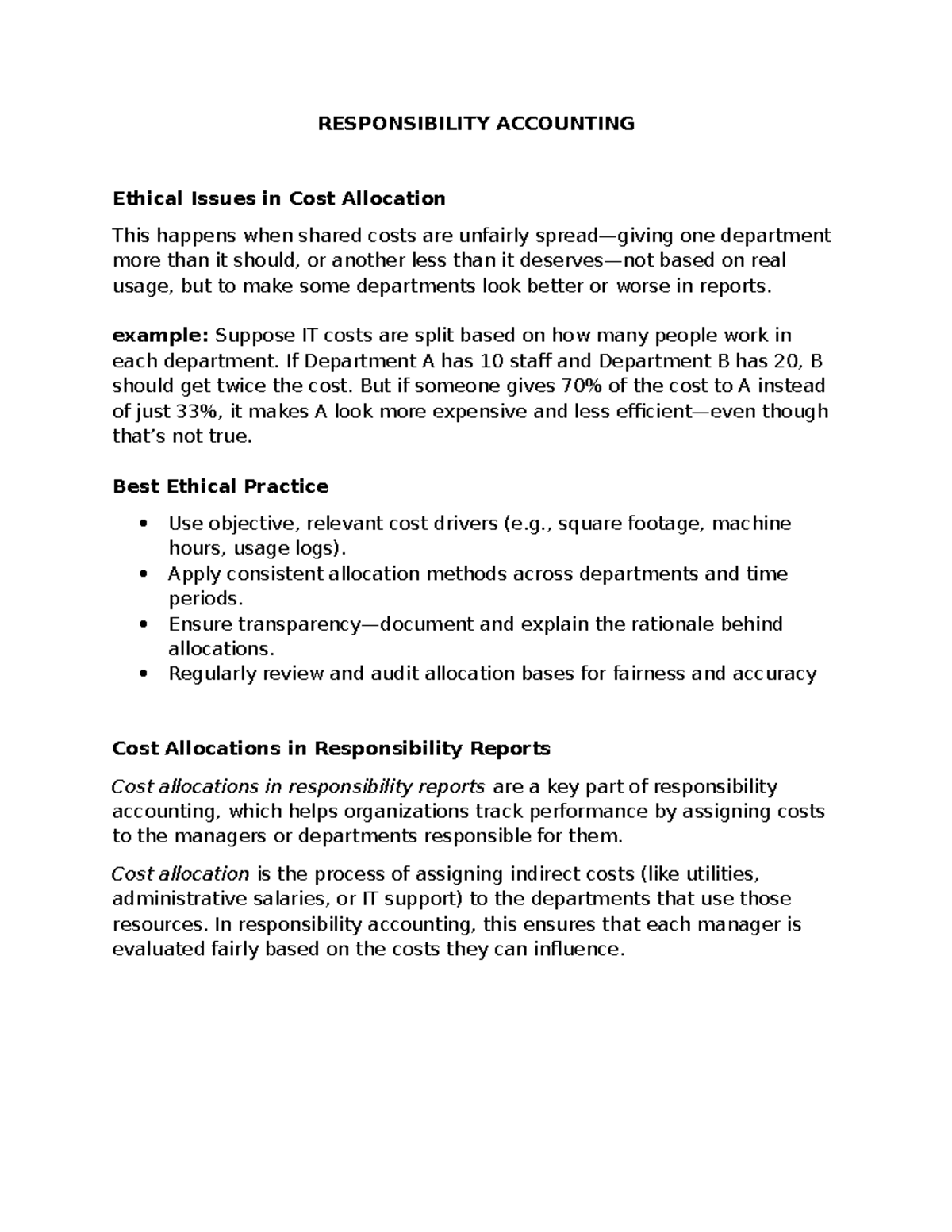 Responsibility Accounting: Ethical Issues in Cost Allocation - Studocu