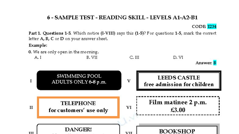 6 SAMPLE TEST READING SKILL LEVELS CODE: 1234 - Practice Questions and ...