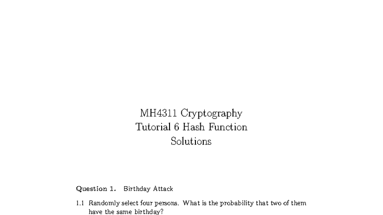MH4311 Cryptography Tutorial 06: Hash Function Solutions - Studocu