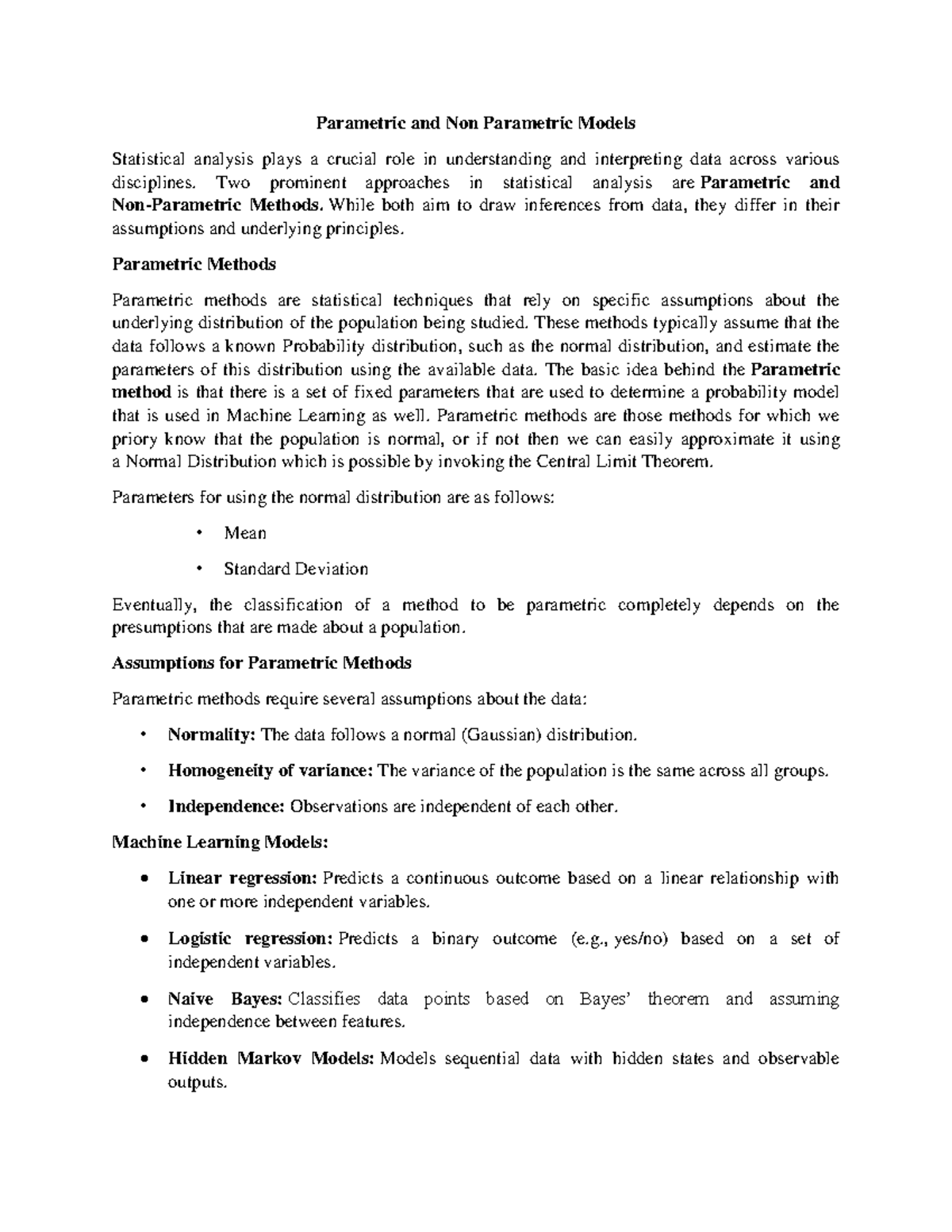 Unit 5 - Lecture Notes on Parametric & Non-Parametric Models - Studocu
