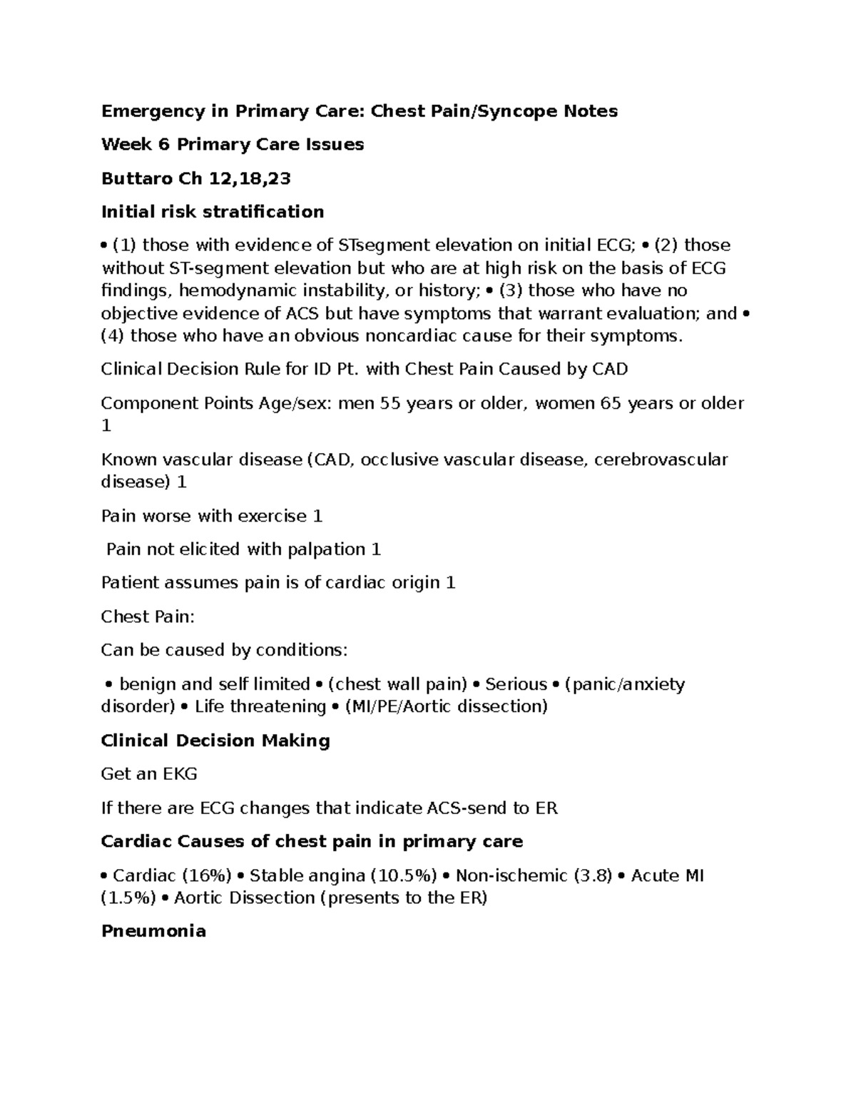 Primary Care Issues: Chest Pain Notes (Week 6) - Buttaro Ch 12, 18, 23 ...