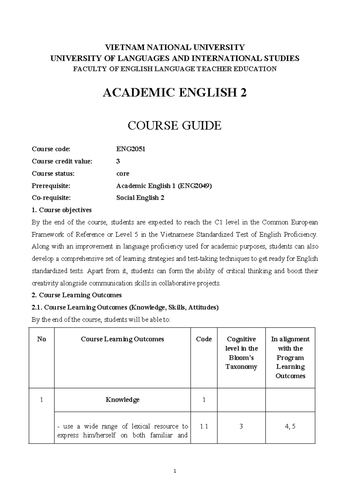 Academic English 2 (ENG) Course Guide 2024: Learning Outcomes ...