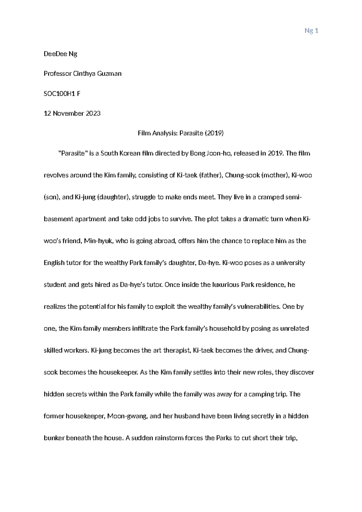 Film Analysis: SOC100H1 Final Exam on Parasite (2019) Insights - Studocu
