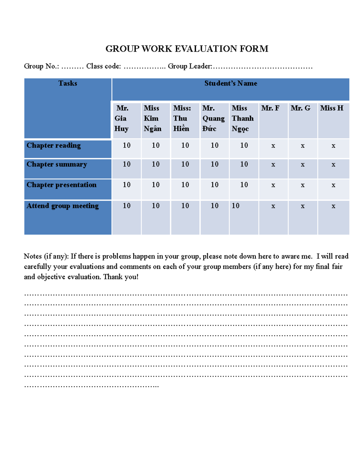 Group work evaluation form - GROUP WORK EVALUATION FORM Group No ...