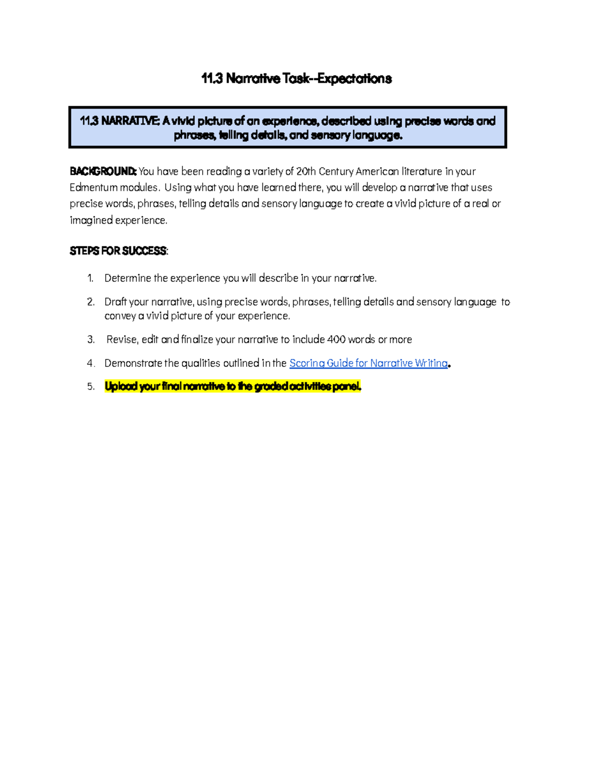 ALL-11.3 Narrative Writing Task: Crafting Vivid Experiences - Studocu