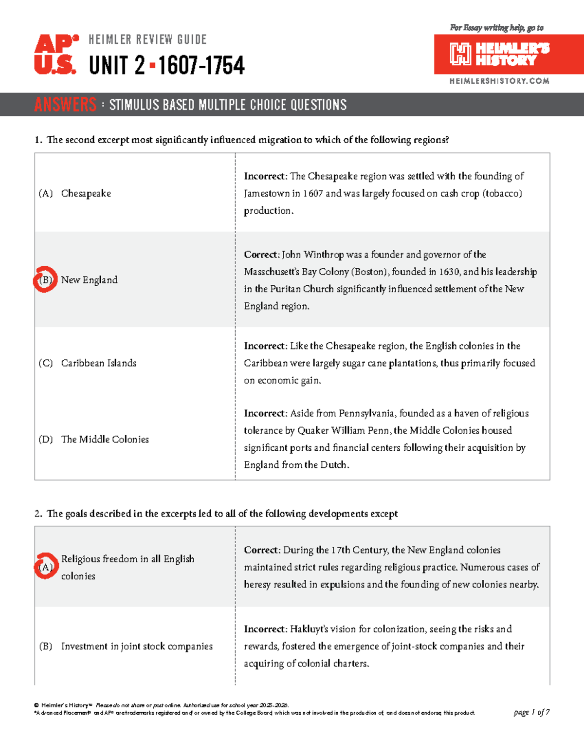 AP US HRG Unit 2: Stimulus-Based MCQ Answers and Explanations - Studocu