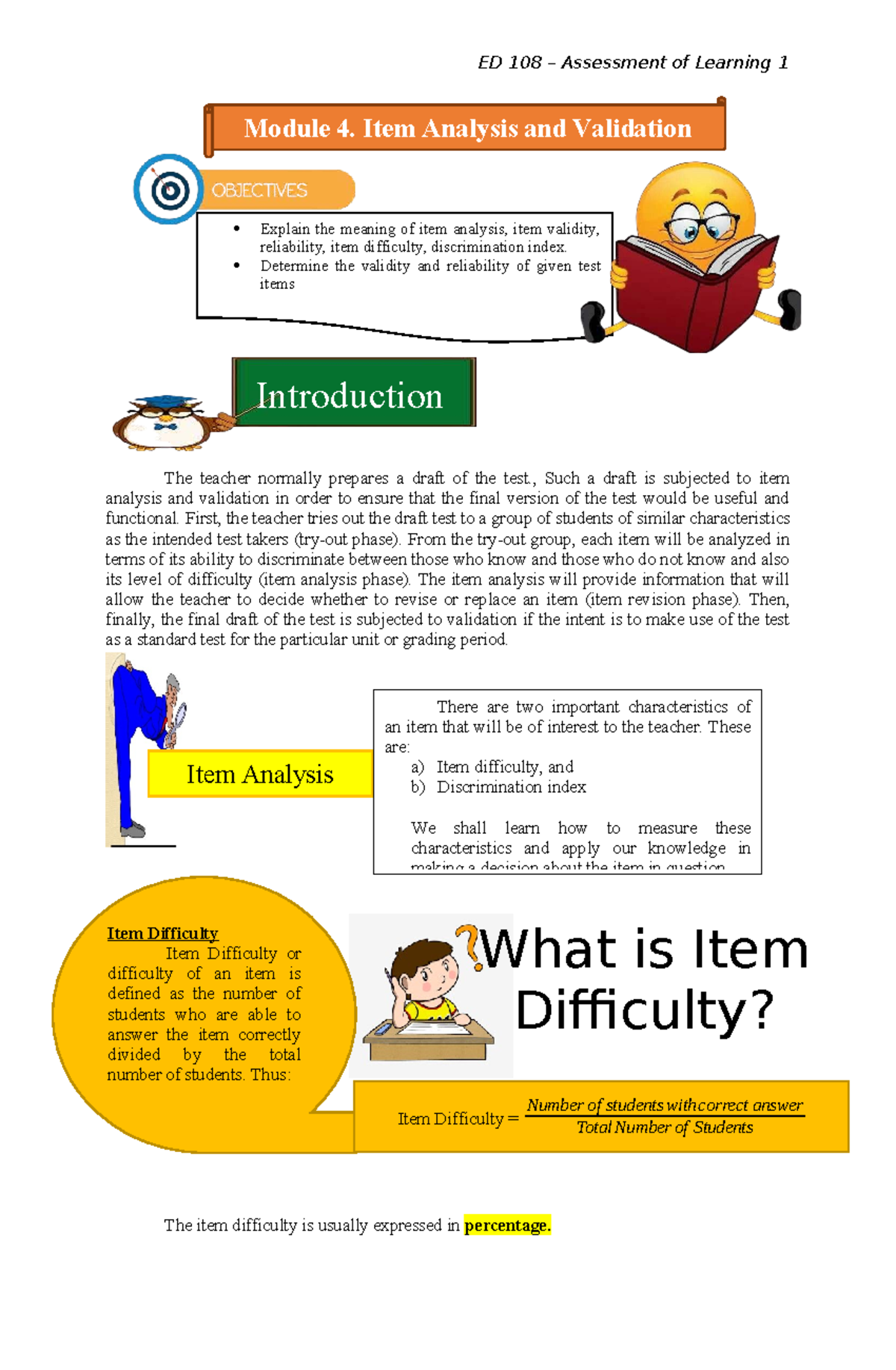 ED 108 Assessment of Learning 1: Module 4 - Item Analysis & Validation ...
