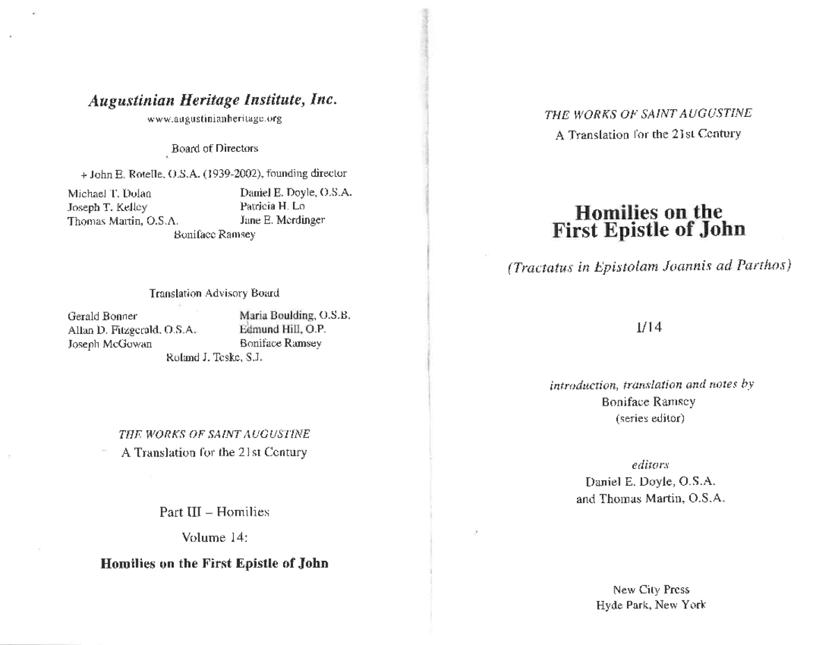 Augustine-Homilies on First Epistle of John (Volume 14) - Studocu