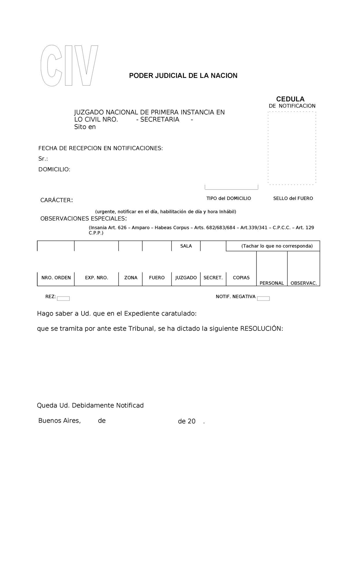 07092214 CEDULA DE NOTIFICACION - PODER JUDICIAL DE LA NACION - Studocu