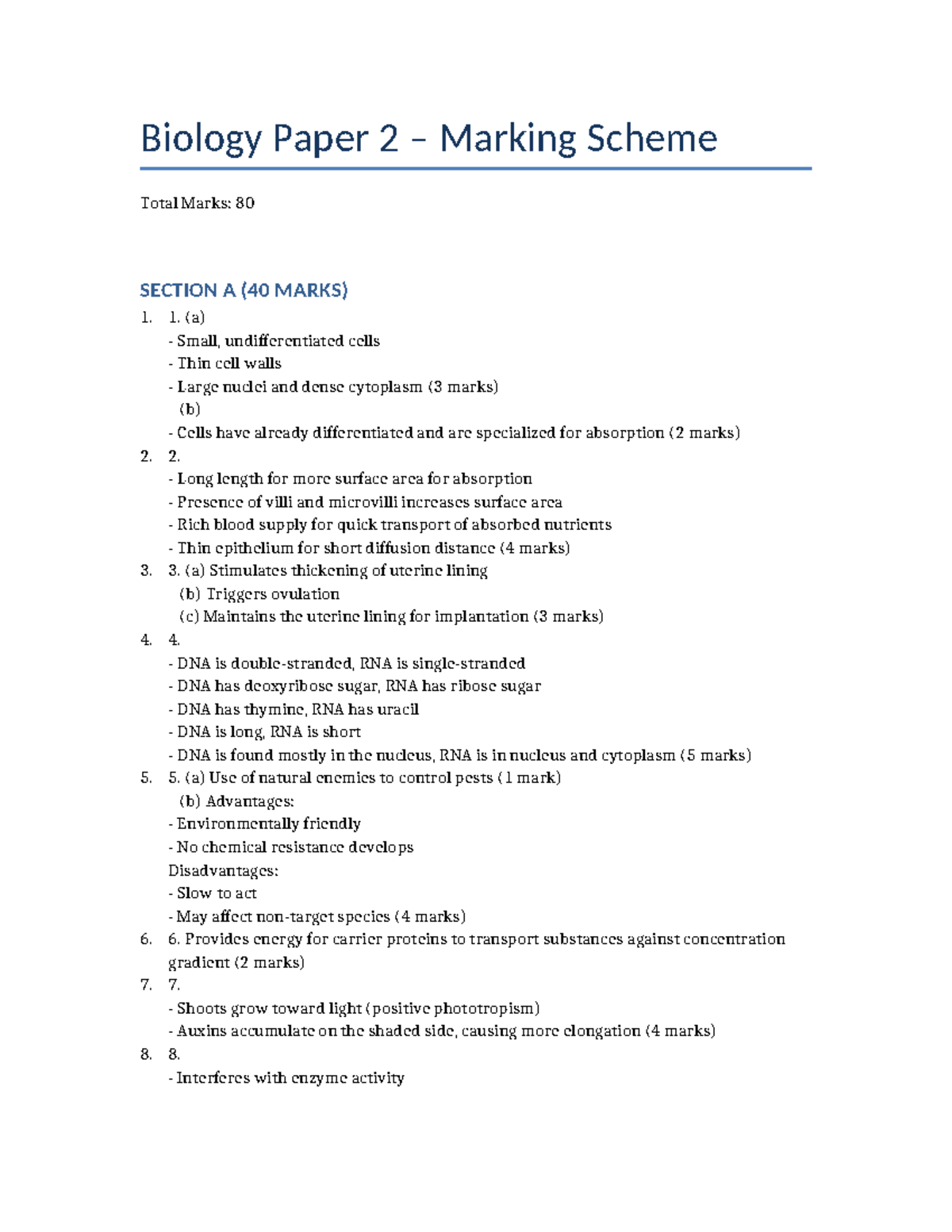 KCSE Biology Paper 2 Marking Scheme (Total Marks: 80) - Studocu
