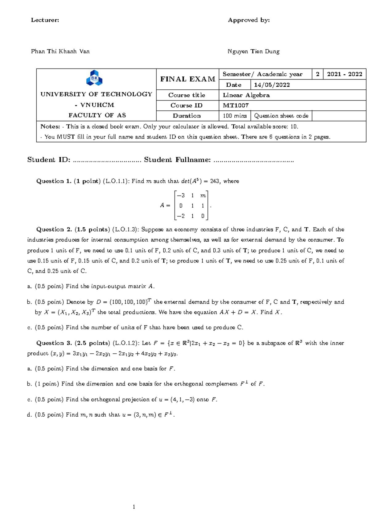 HK212 CLC - Linear Algebra Final Exam Questions and Guidelines - Studocu