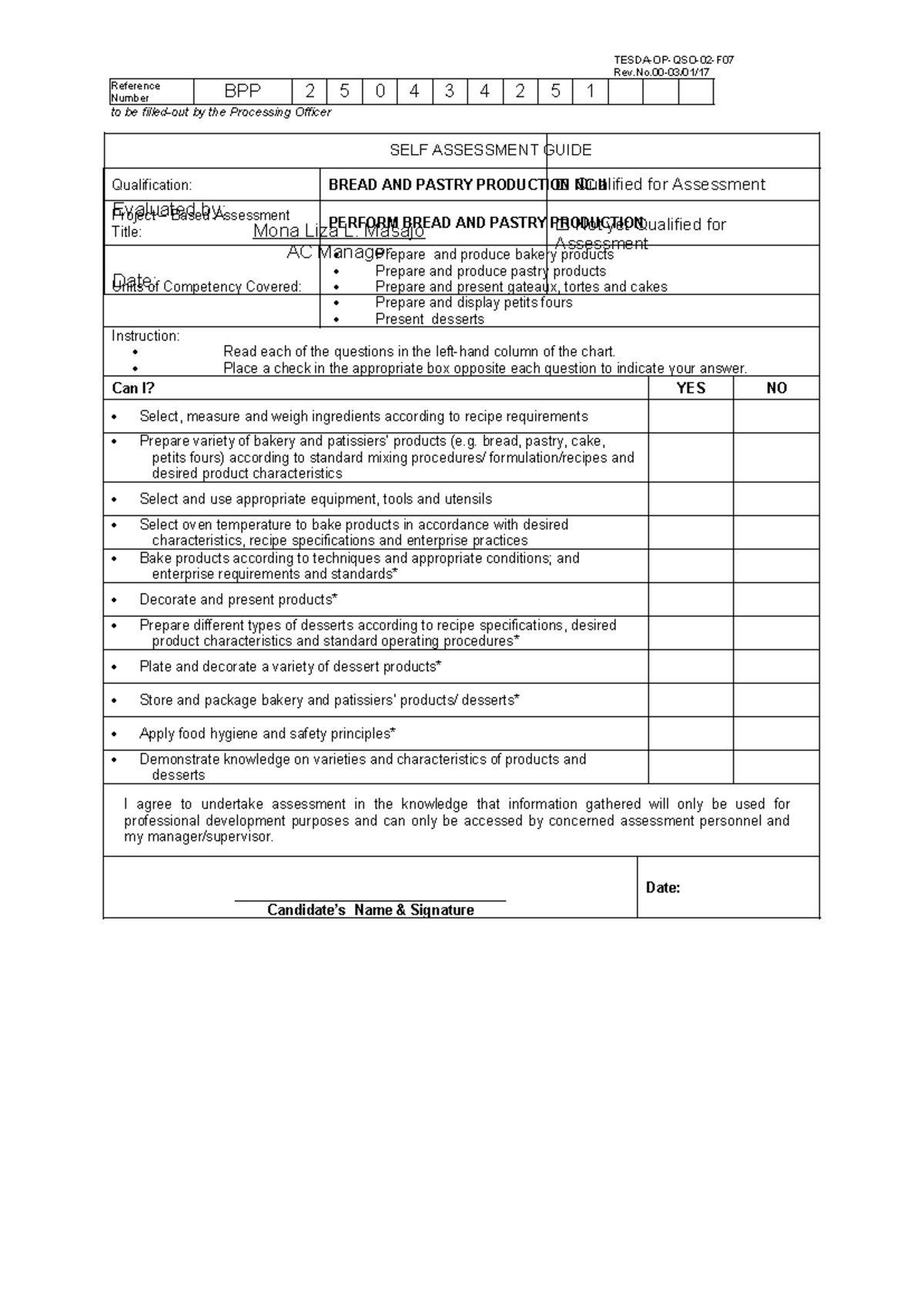 Self Assessment Guide - BPP NC II - TESDA-OP-QSO-02-F Rev.No-03/01 ...