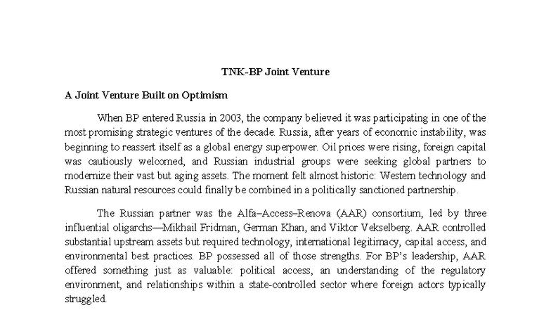 TNK-BP Case Study: Navigating Joint Venture Challenges in Russia - Studocu