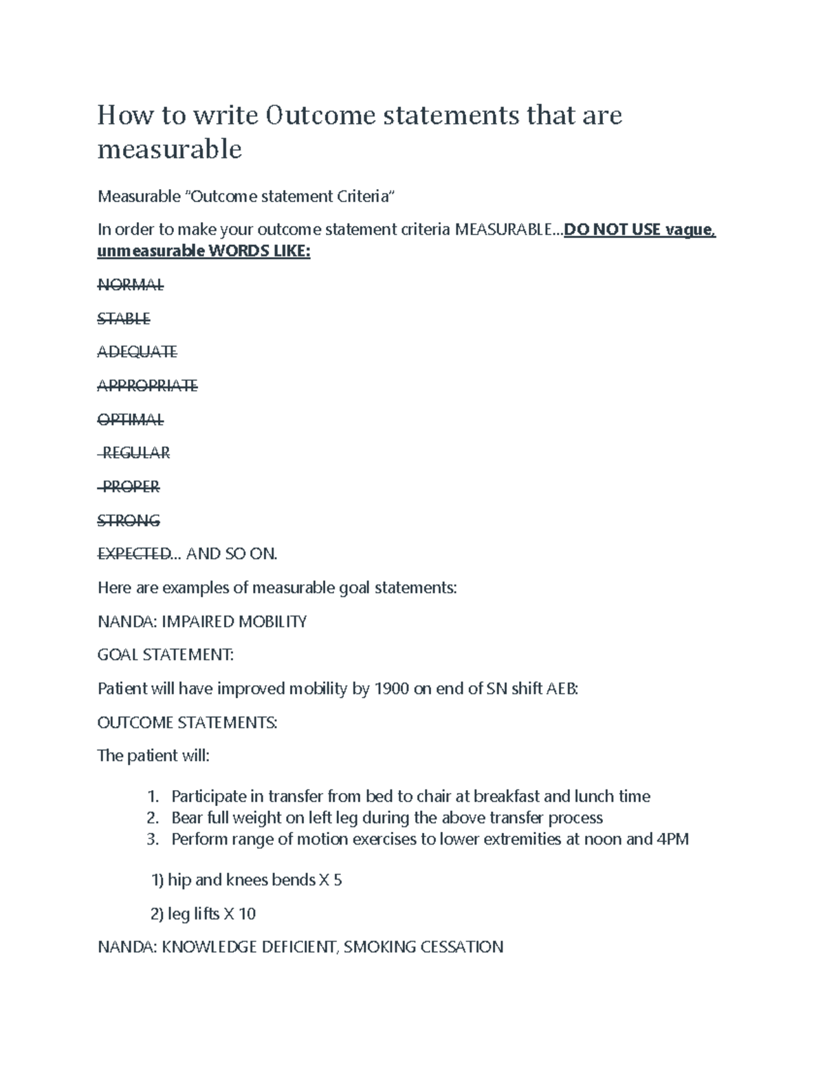 NURS 202: Clinical Sheets on Measurable Outcome Statements - Studocu