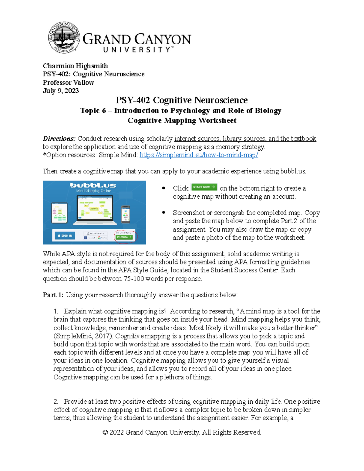 PSY402-Cognitive Mapping Worksheet for Memory Strategies in ...