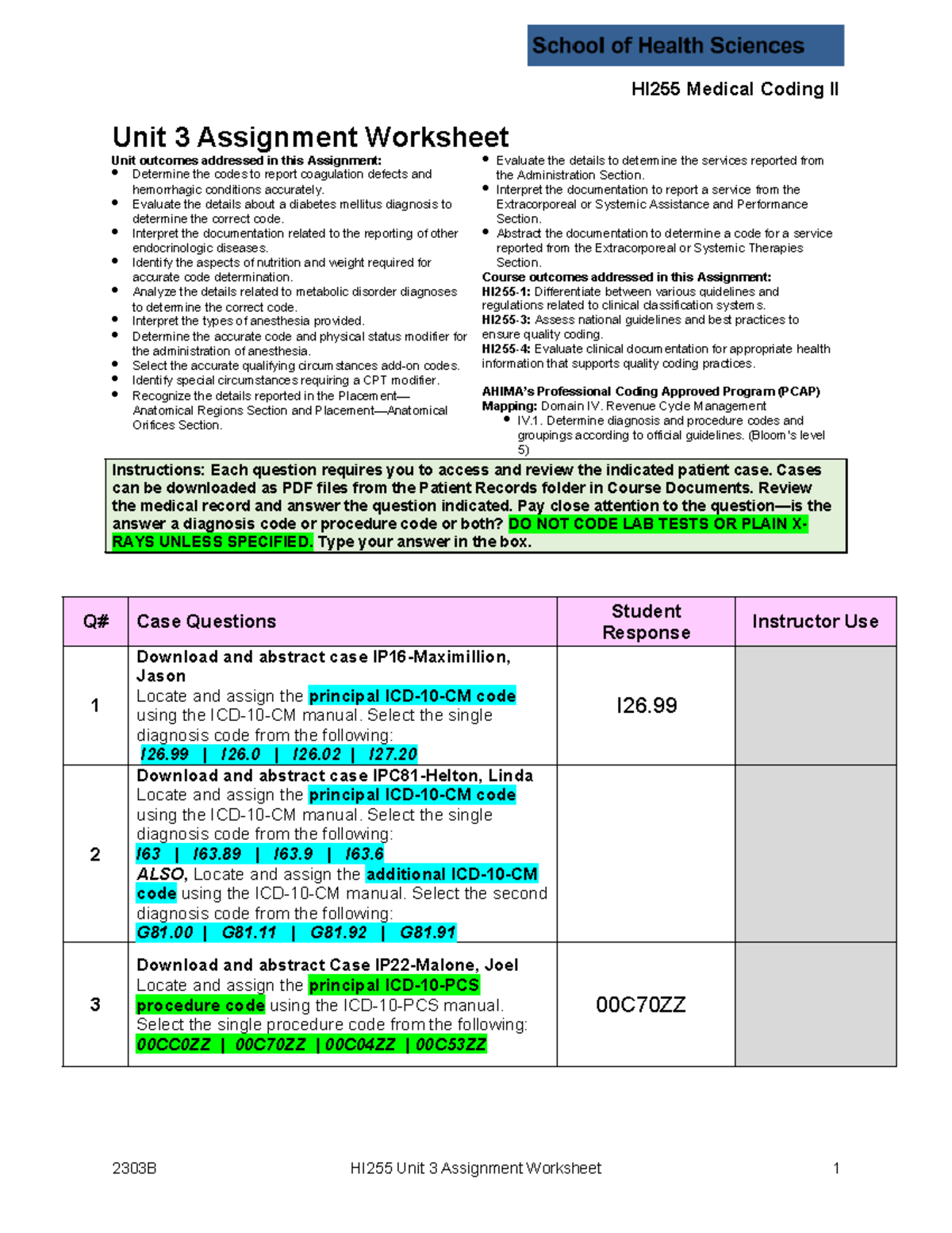 HI255 Unit 3 Medical Coding II Assignment Worksheet Details - Studocu