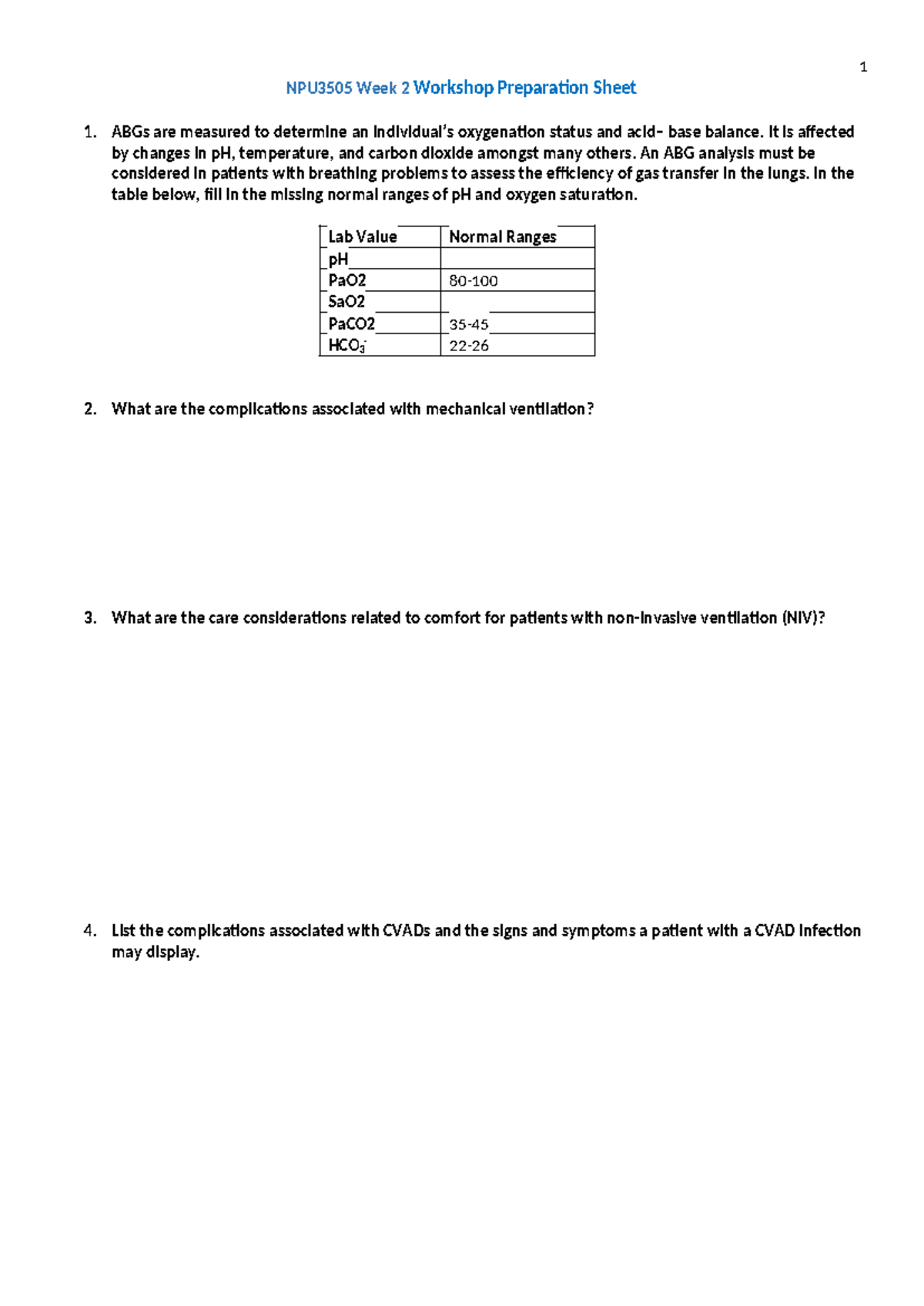 NPU3505 Week 2 Workshop Preparation Worksheet on ABGs and Ventilation ...