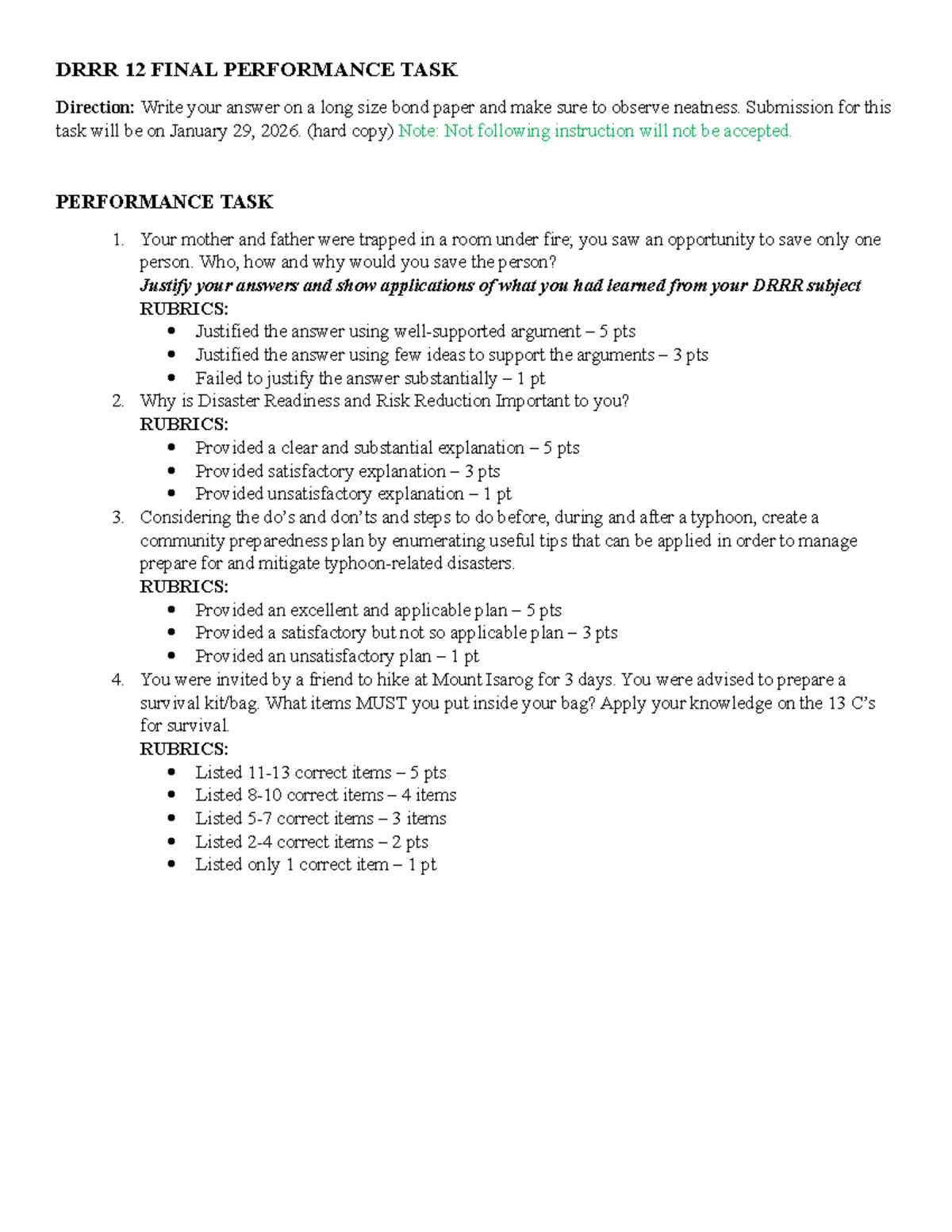 DRRR 12 Final Performance Task: Disaster Preparedness & Justification ...