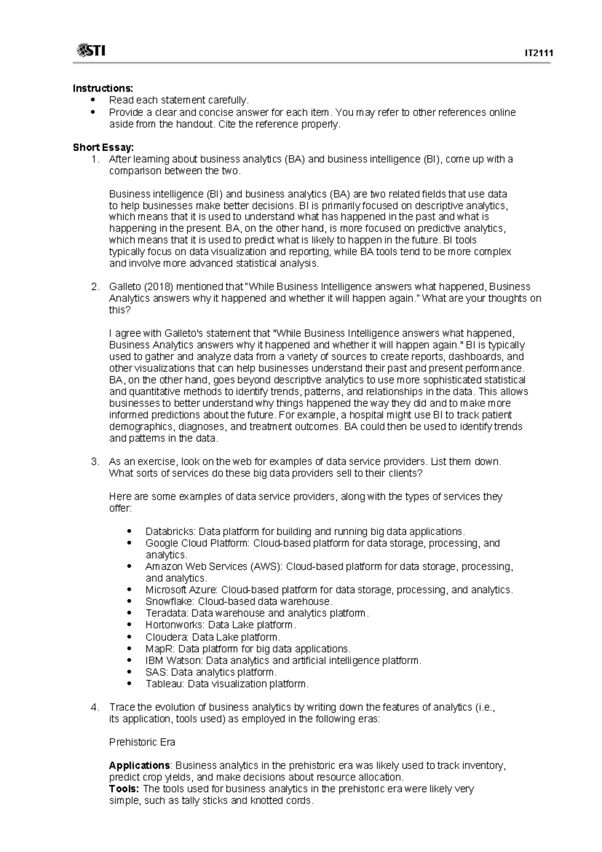 IT 01 Activity 1 - Business Analytics vs Business Intelligence Notes ...