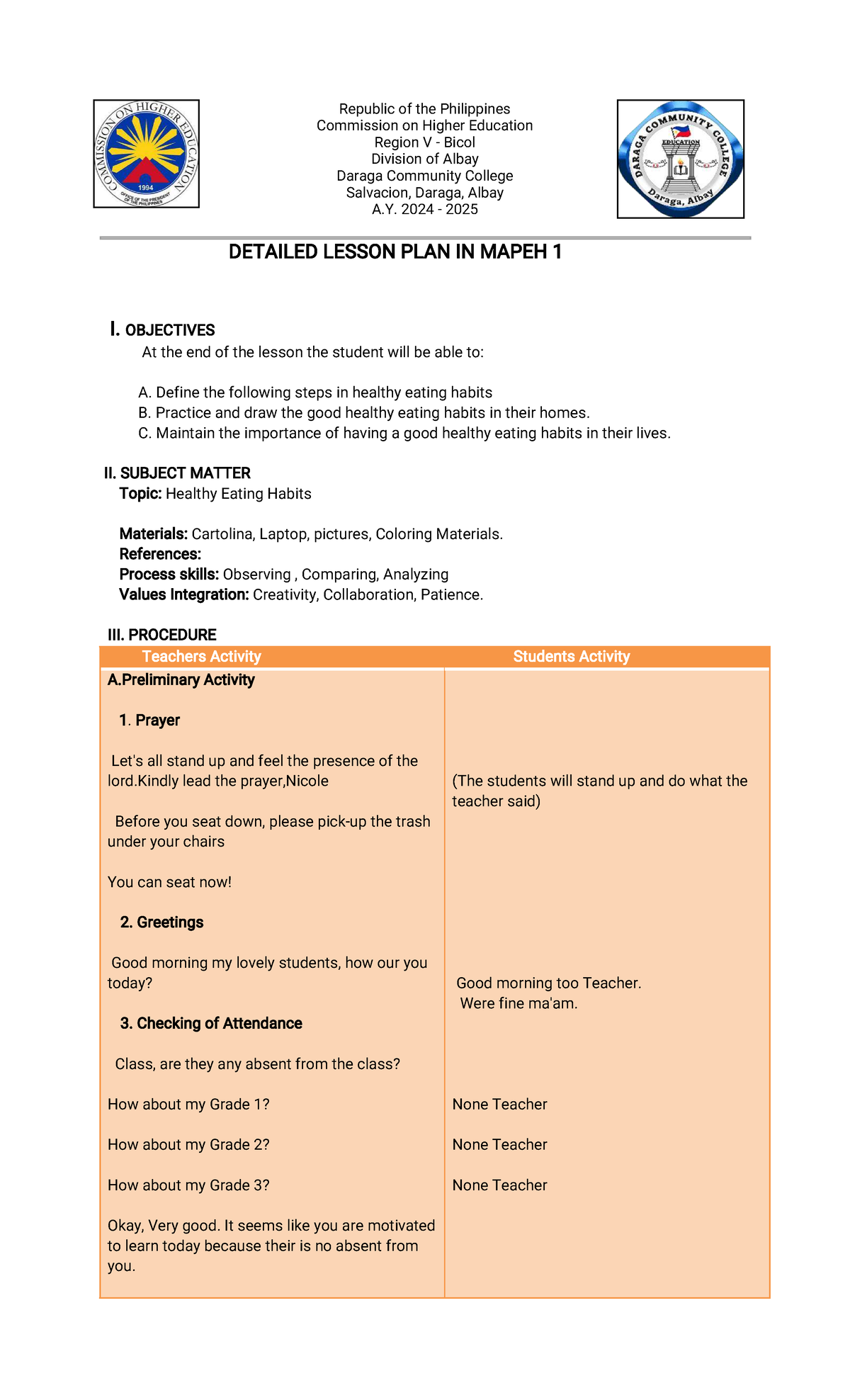 Detailed Lesson Plan in MAPEH 1: Healthy Eating Habits (A.Y. 2024-2025 ...