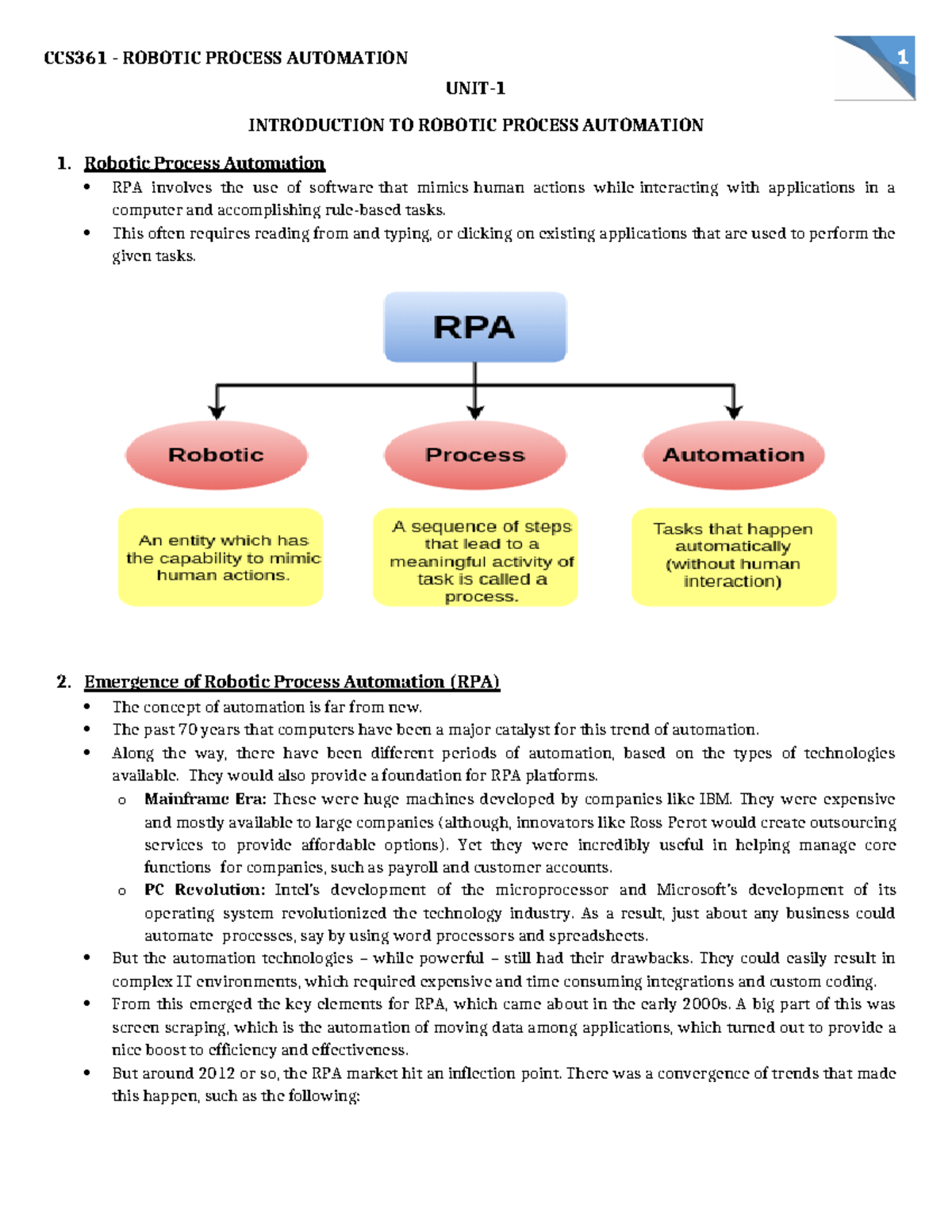 CCS361 RPA Unit 1 Lecture Notes - Understanding Robotic Process ...