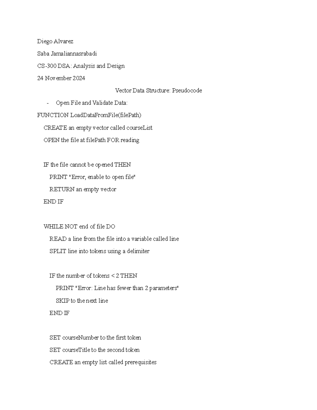 3-3 Vector Data Structure Pseudocode - Diego Alvarez Saba Jamaliannasrabadi CS-300 DSA: Analysis ...