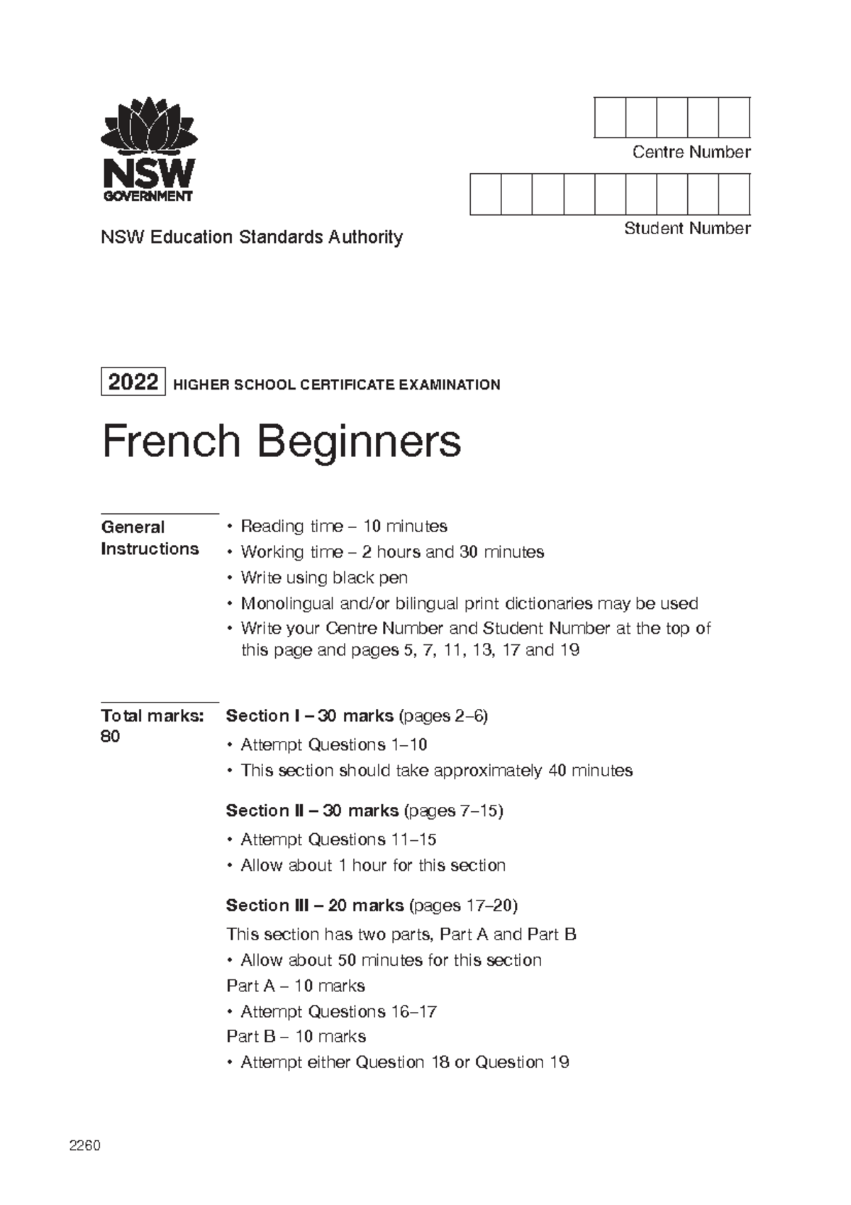 2022 HSC French Beginners Exam Paper - Studocu