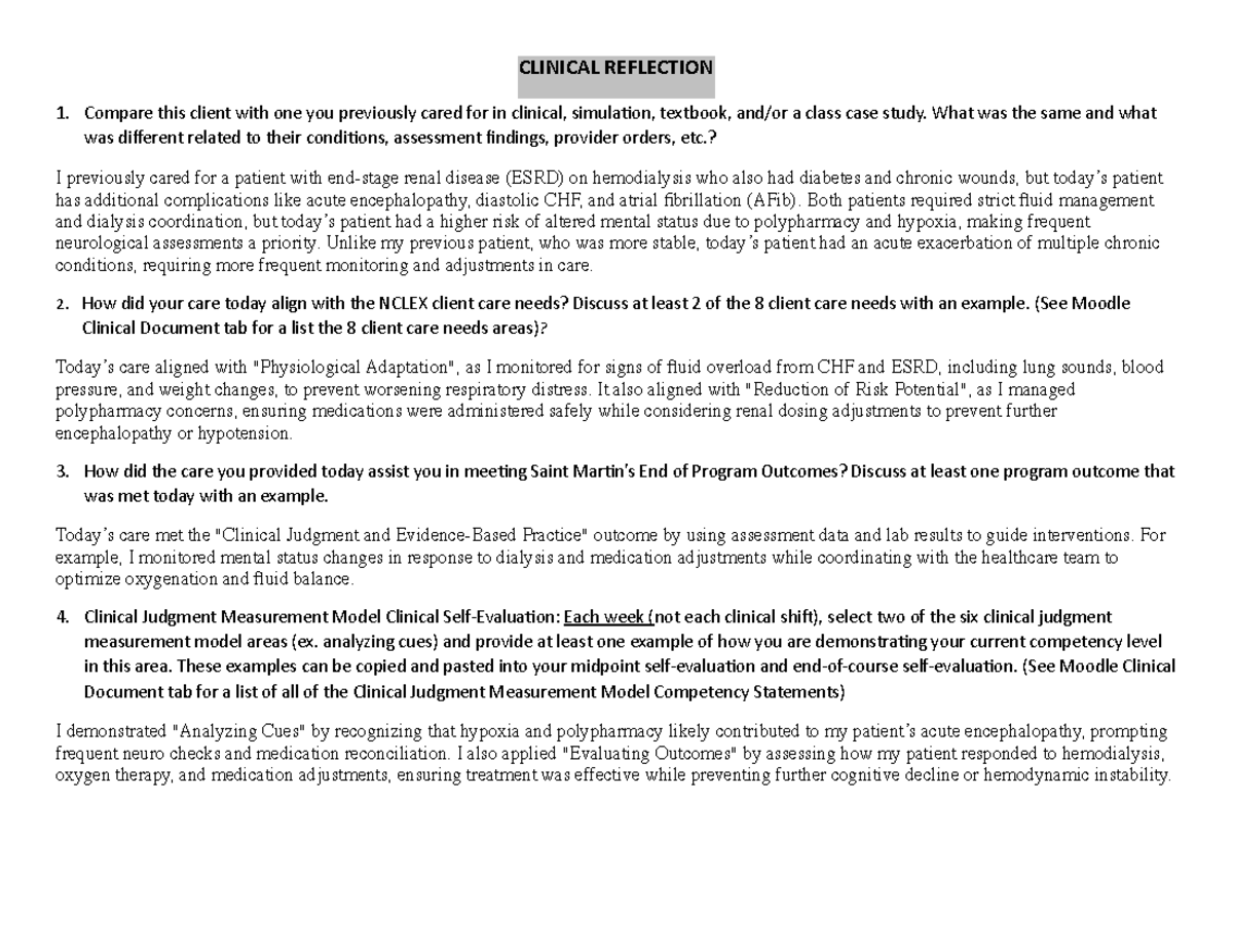 222 Clinical Reflection - CLINICAL REFLECTION Compare this client with ...