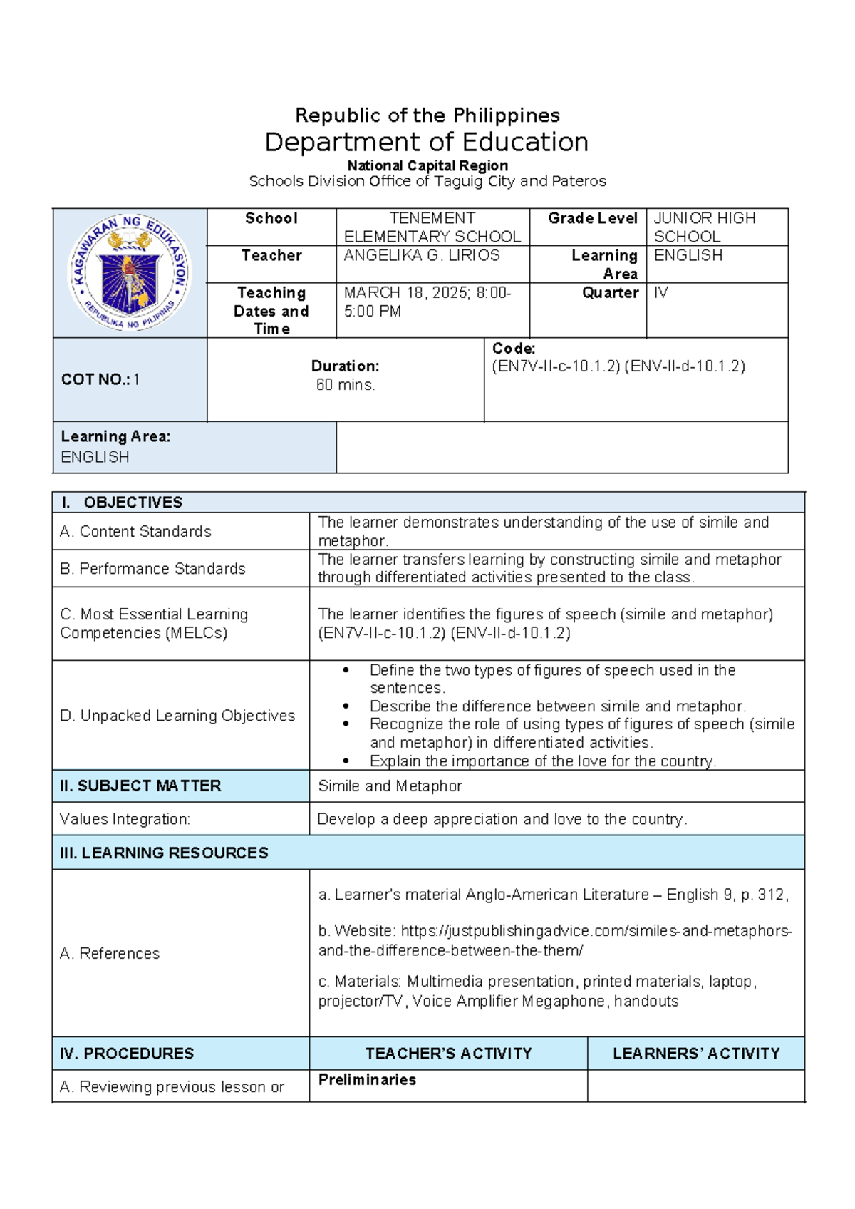 Grade 9 English Lesson Plan: Understanding Simile and Metaphor - Studocu