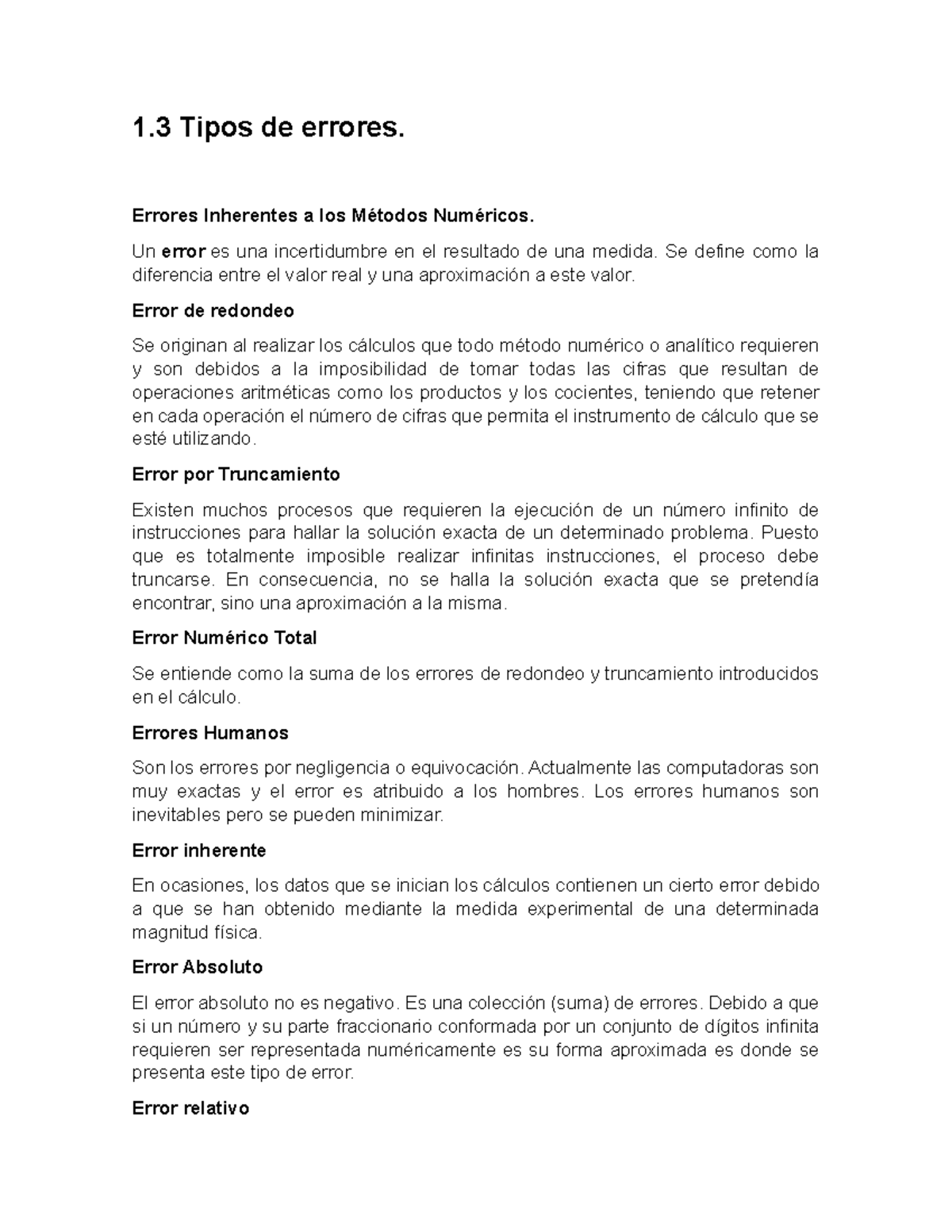 Errores en Métodos Numéricos: Tipos y Ejemplos Prácticos - Studocu