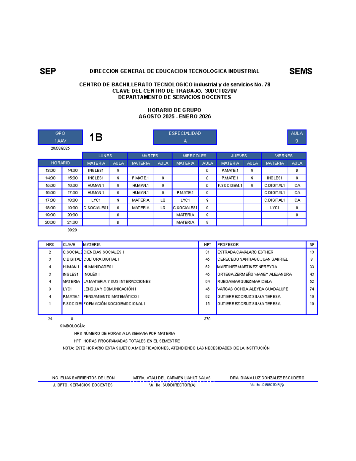 Horario de Grupo Vesp Ago 2025 - Ene 2026 SEP SEMS - Studocu