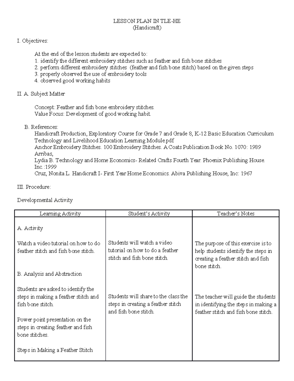 291633341 Lesson Plan in Handicraft Embroidery - LESSON PLAN IN TLE-HE ...