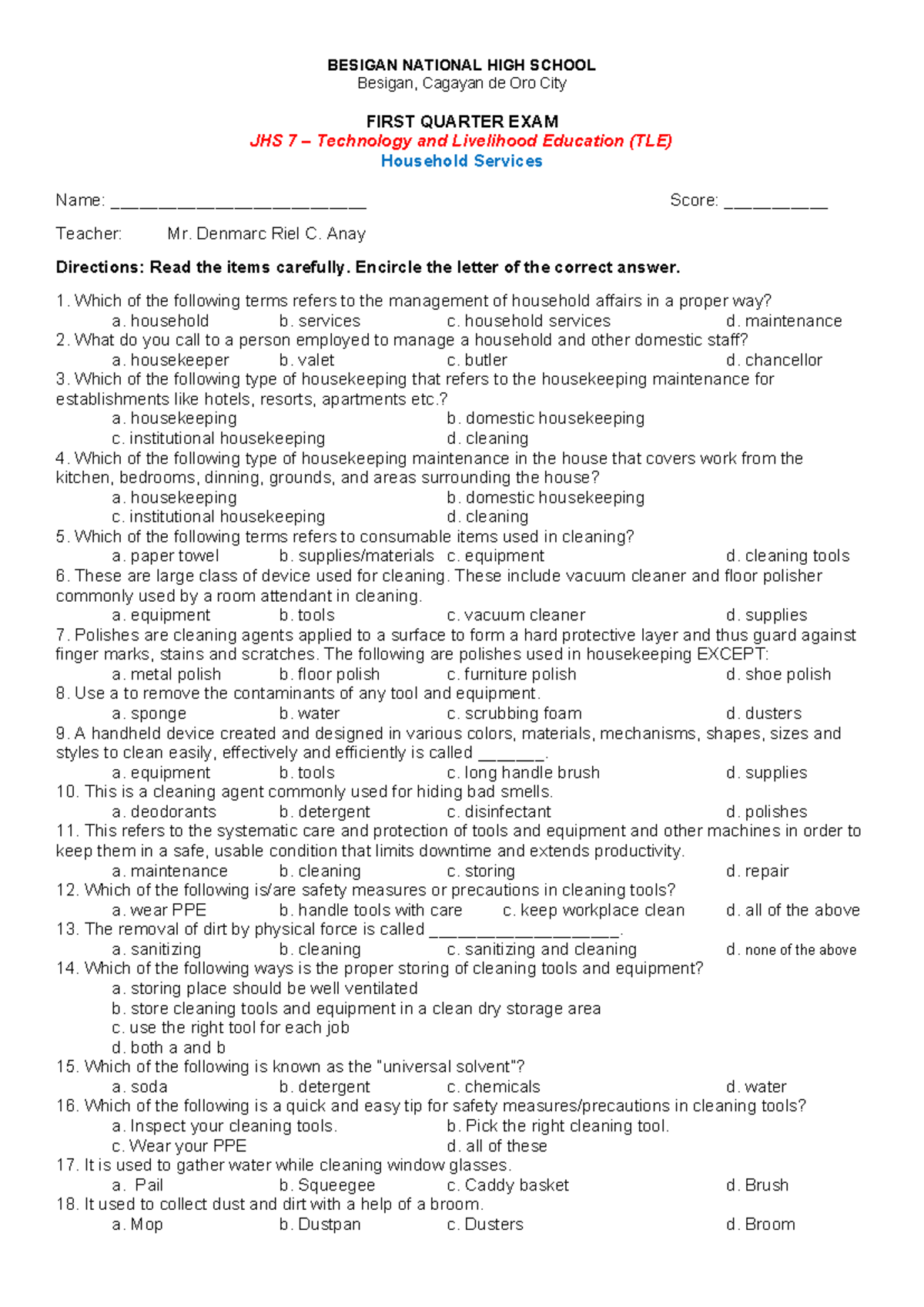 JHS 7 TLE Final Exam: First Quarter Household Services Assessment - Studocu