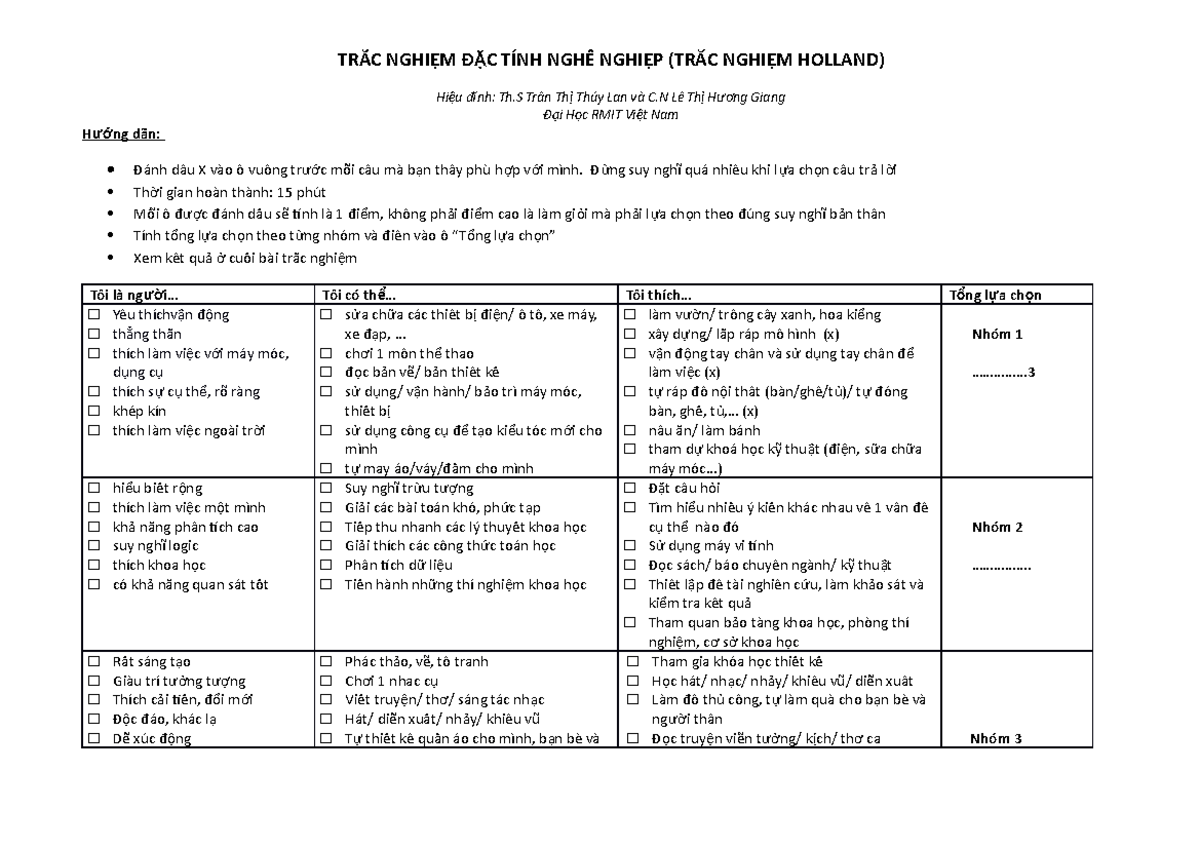 1.1.Trac nghiem Holland - TRẮẮC NGHI M Đ C TÍNH NGHỀỀ NGHI P (TRẮẮC NGHI M HOLLAND)Ệ Ặ Ệ Ệ Hi u ...