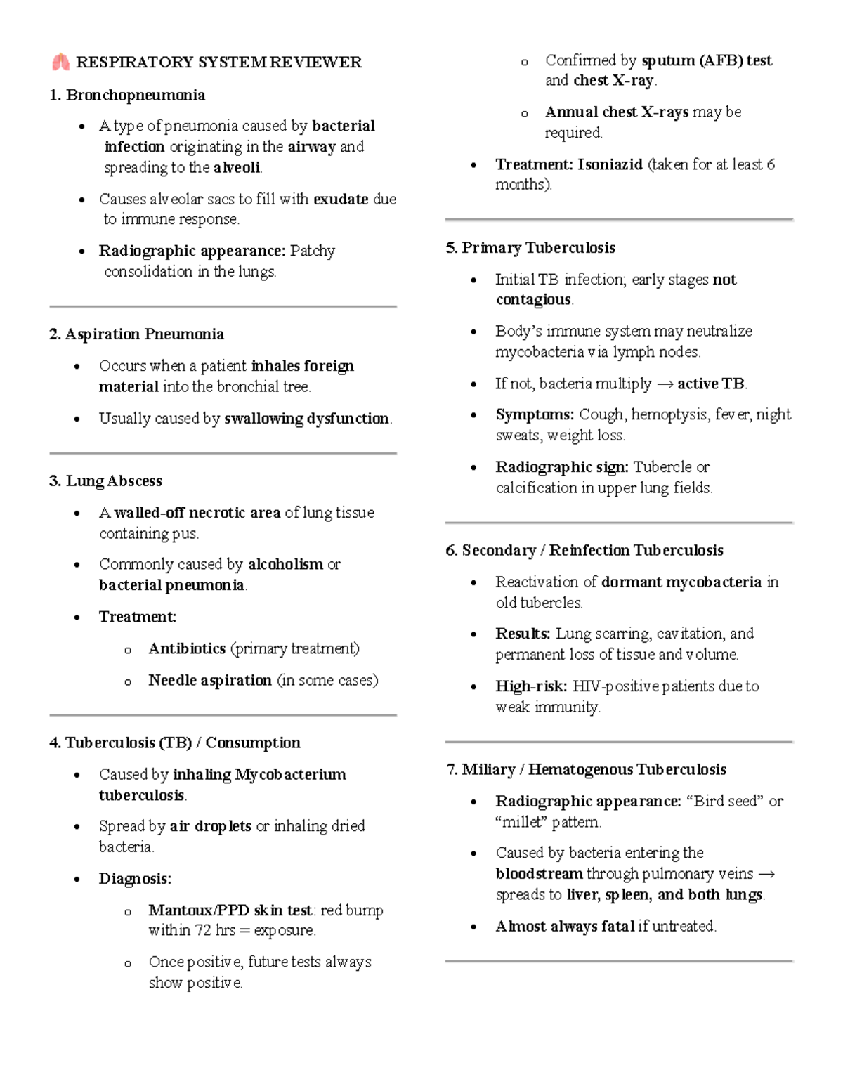 Respiratory System Reviewer: Key Concepts and Conditions - Studocu