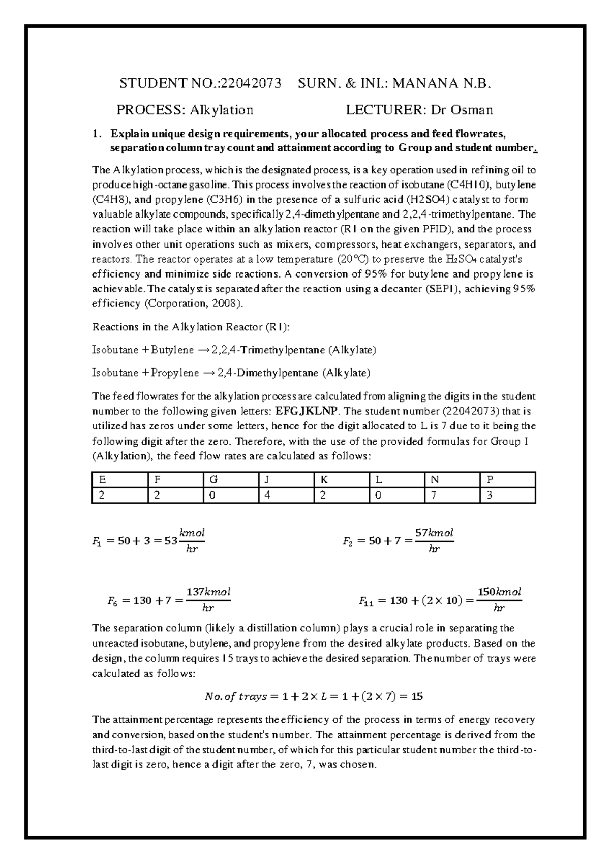 Chem Eng Design S4 Alkylation Progress Report: Design & Process ...