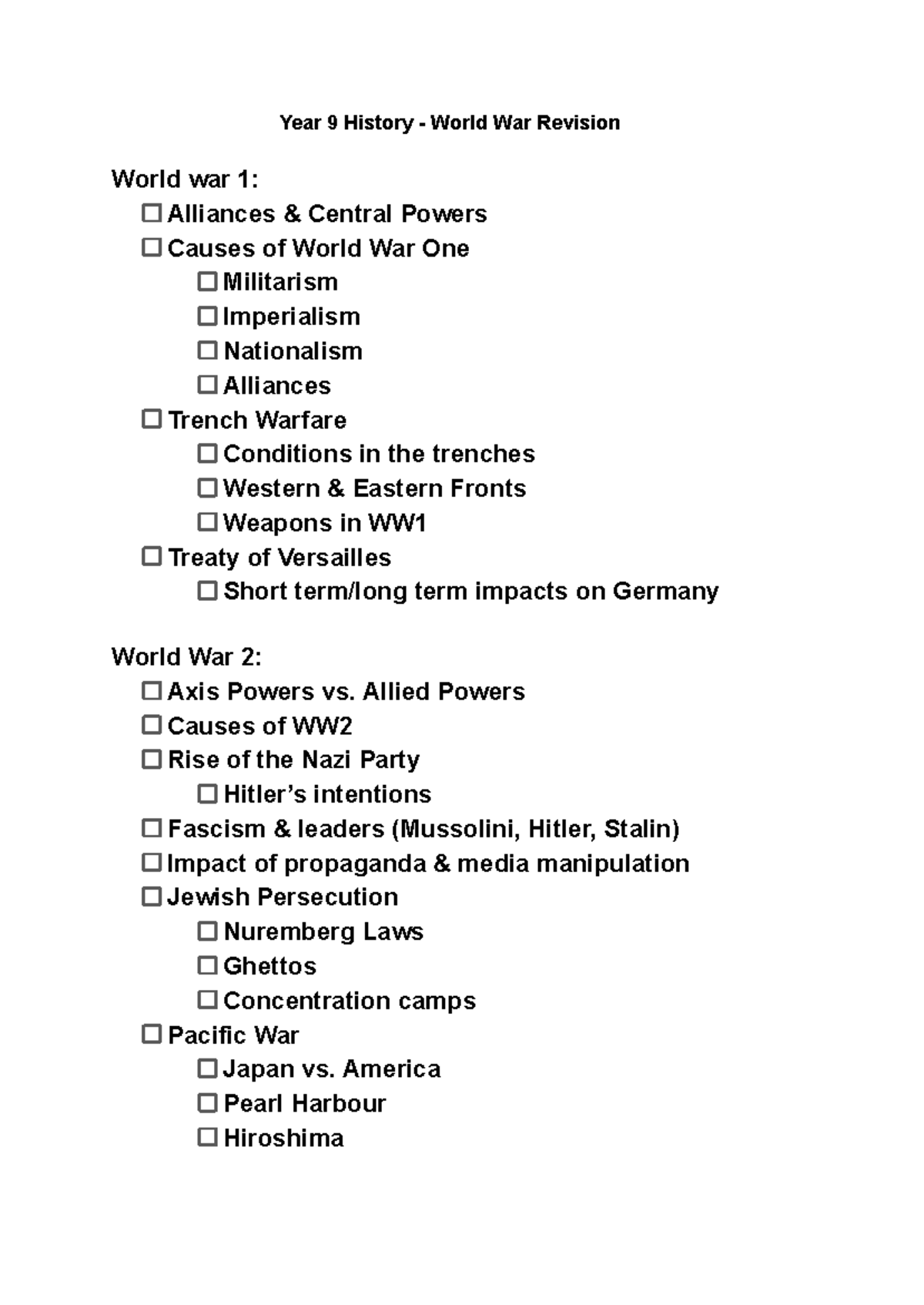 Year 9 History - World War Revision - Studocu