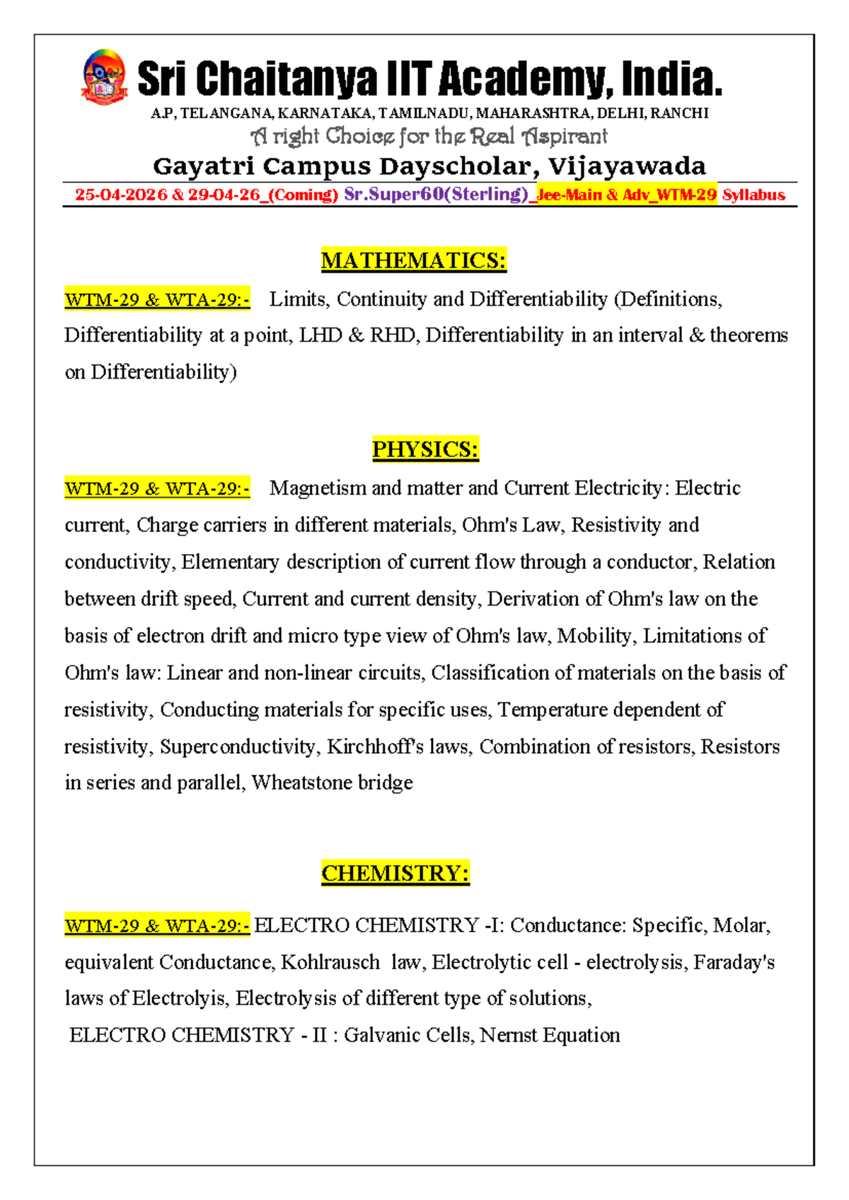 Sri Chaitanya IIT Academy: JEE-Main & Adv WTM-29 Syllabus Overview ...