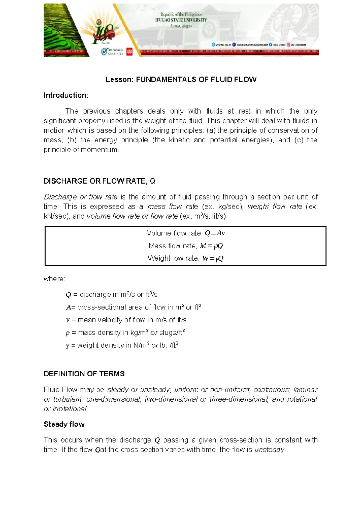 Lesson: FUNDAMENTALS OF FLUID FLOW (ENG 101) - Studocu