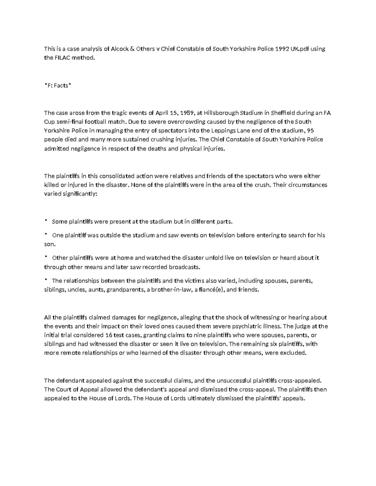 Case Analysis of Alcock v Chief Constable of South Yorkshire Police ...