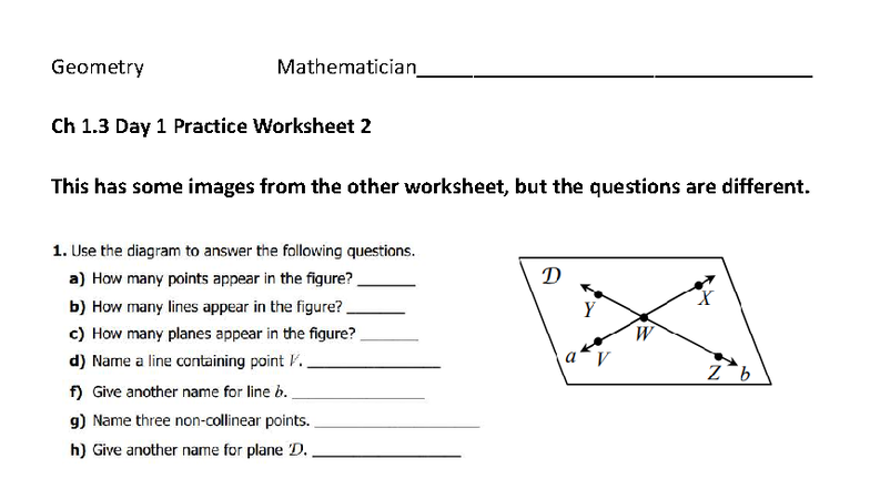 Geometry Ch 1.3 Day 1 Practice Worksheet 2 - Naming Lines & Points ...