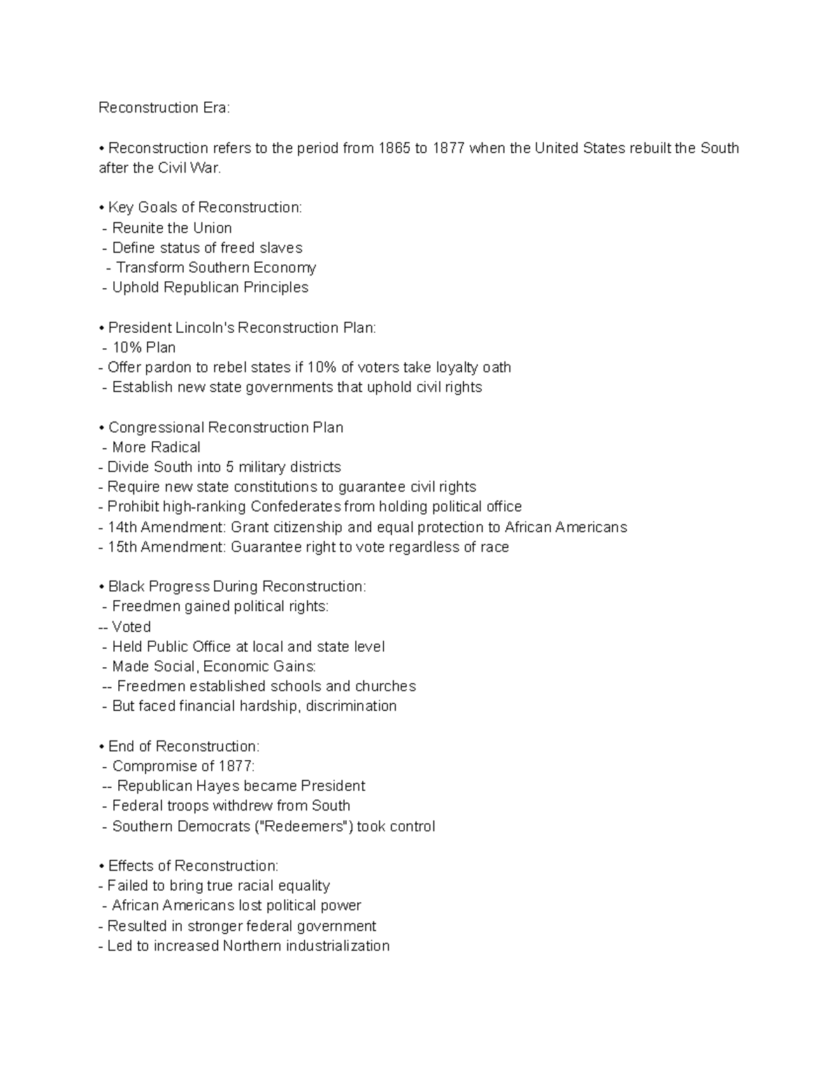 American History: Reconstruction Era Overview and Key Events - Studocu