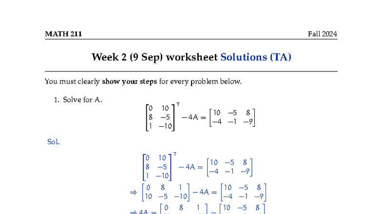 Fall 2024 MATH 211 Week 3 Worksheet Solutions (TA) - Studocu