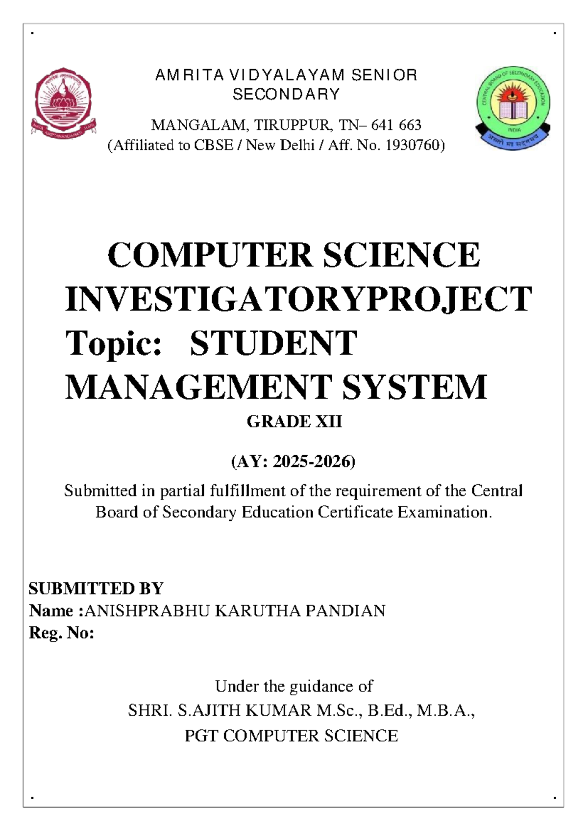 Student Management System Project (CS 083) - Grade XII AISSCE - Studocu