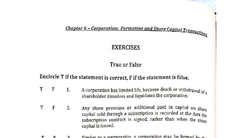 Chapter 6: Corporation Formation & Share Capital Exercises (Transq ...