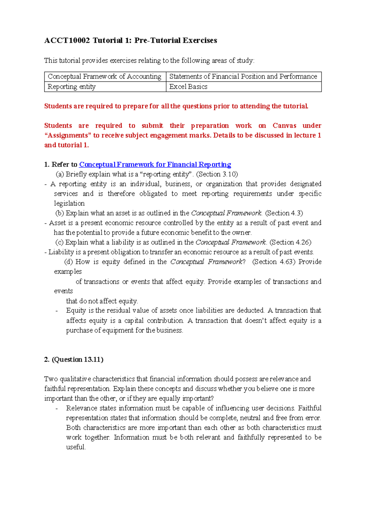 ACCT10002 Tutorial 1: Pre-Tutorial Exercises on Accounting Concepts ...
