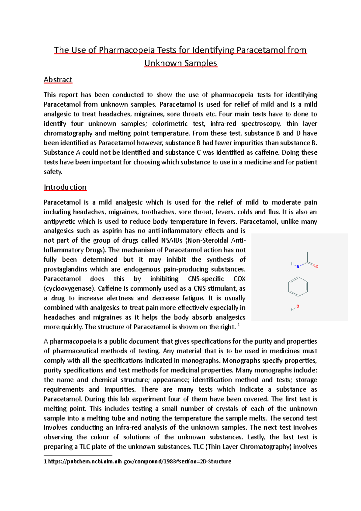 Pharmacopeia Testing of Paracetamol in Unknown Samples - Analysis - Studocu