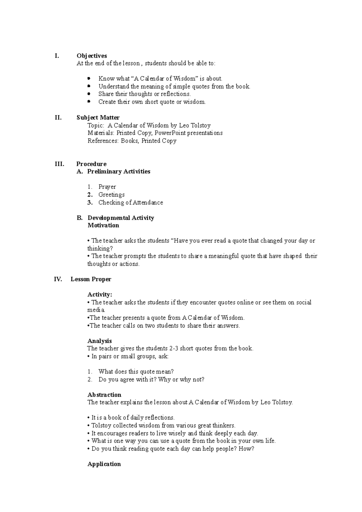 Lesson Plan: A Calendar of Wisdom (Tolstoy) - Objectives & Activities ...